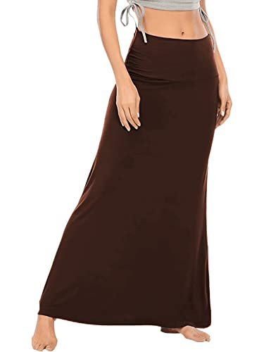 LYANER Women's Casual High Waist Solid Flare Long Maxi Skirt Brown Medium
