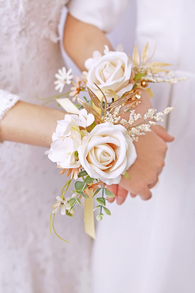 Ansofi 6Pcs Wrist Corsage Wristlet Band Bracelet for Bride Bridesmaid Champage Rose Artificial Flowers Accessories for Wedding Formal Dinner Party and Prom Decorations