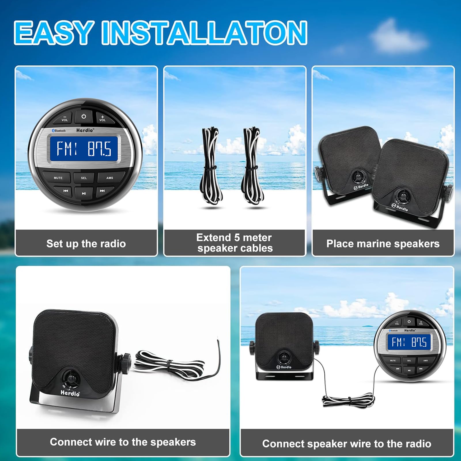 Herdio Marine Radio Package- IPX6 Receiver Compatible with Bluetooth, 1 Pair 4 Inch Marine Speakers, AM FM Antenna for Boat ATV UTV (Black)
