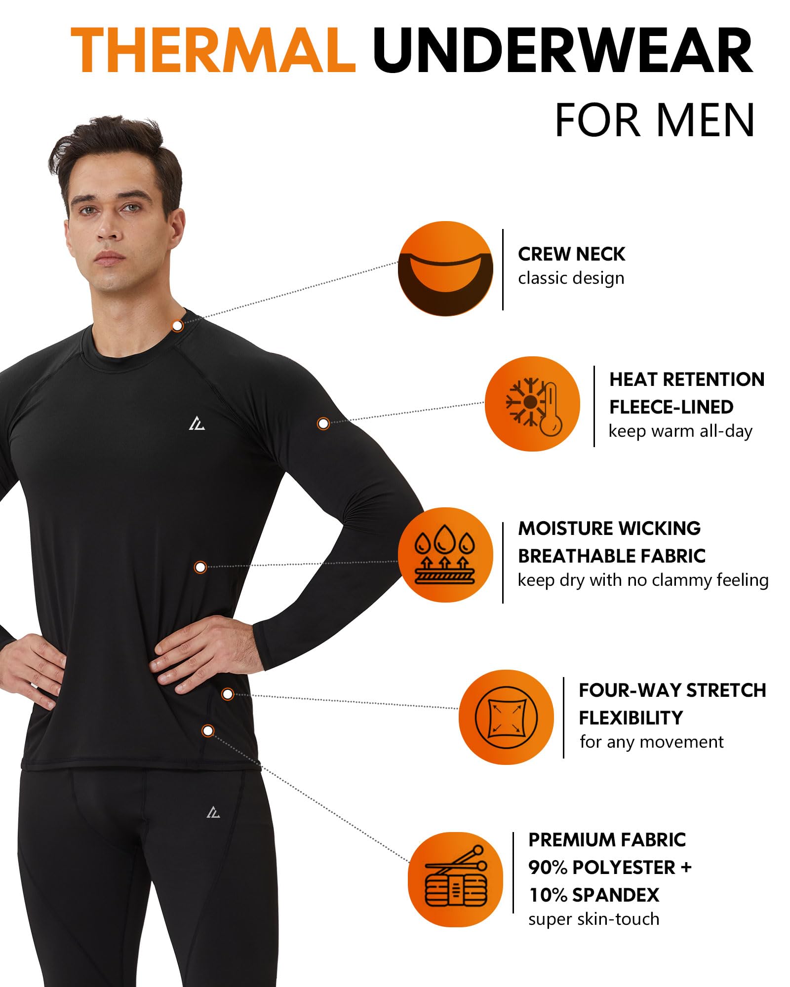 CL convallaria Long Underwear Mens Thermal Underwear Set Winter Hunting Gear Sport Long Johns for Men Base Layer Top and Bottom Midweight Black X-Large