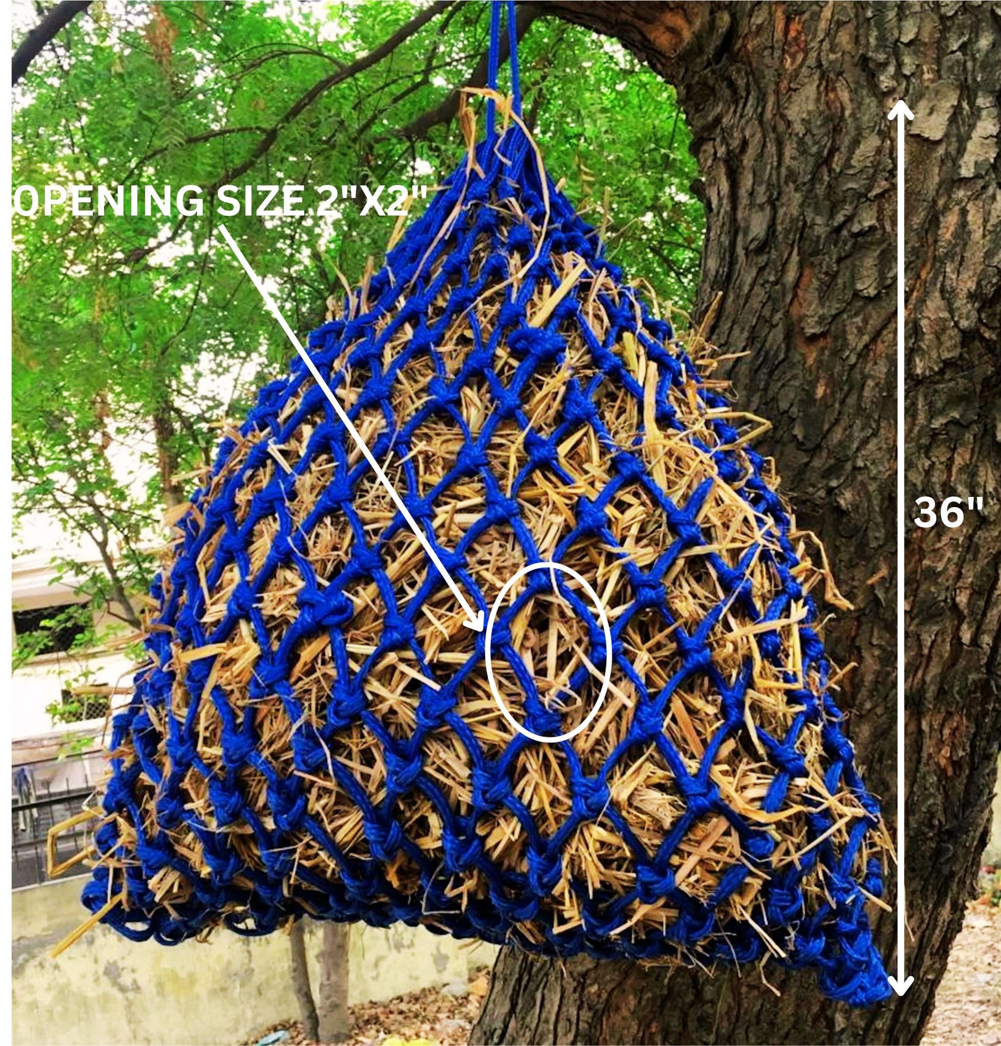 Majestic Ally 2βx2β Holes Highly Durable Very Sturdy 36" Hay Net with for Horses, Goat, Travel Feeder for Trailer and Stall, Reduces Waste (Royal Blue)