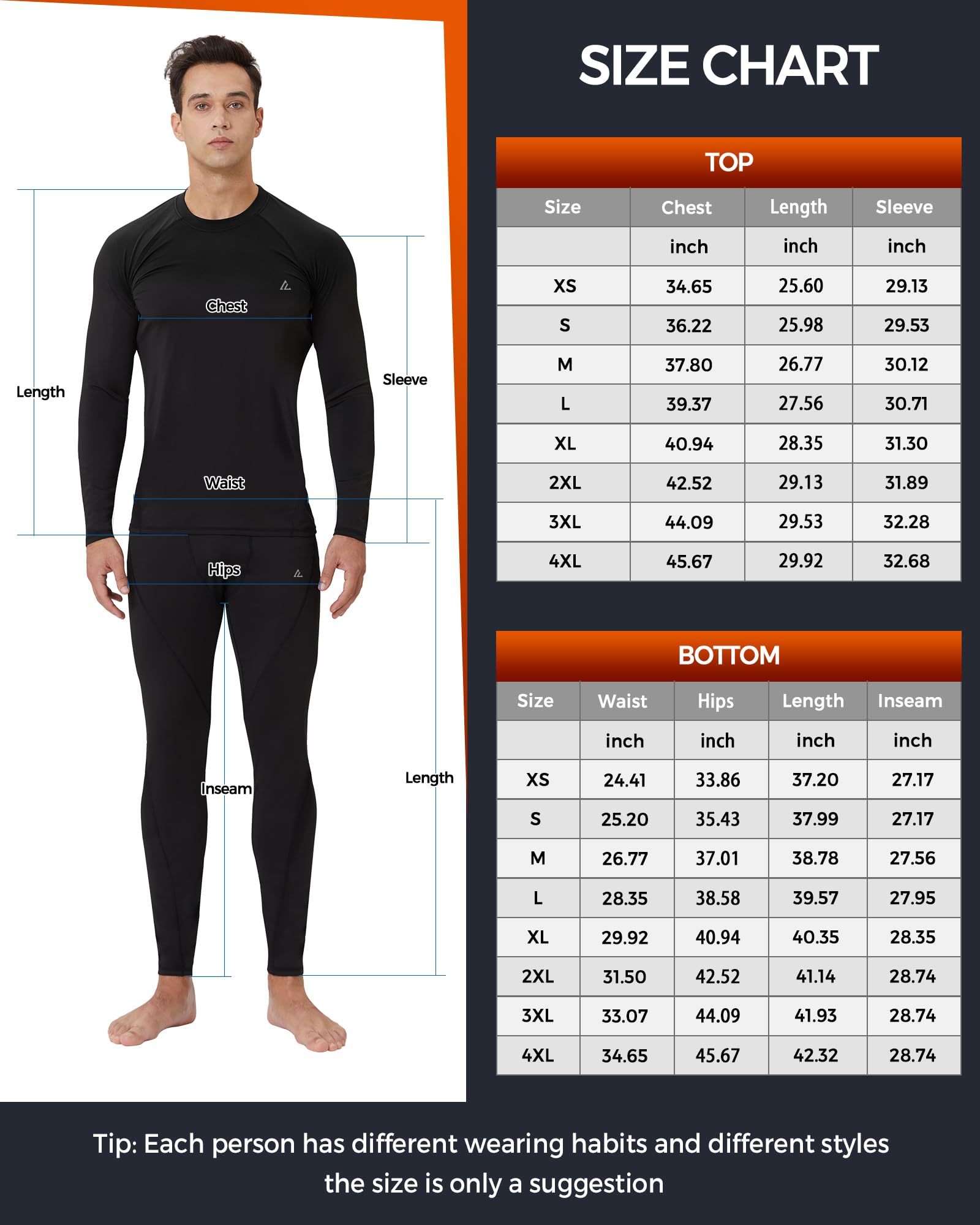 CL convallaria Long Underwear Mens Thermal Underwear Set Winter Hunting Gear Sport Long Johns for Men Base Layer Top and Bottom Midweight Black X-Large