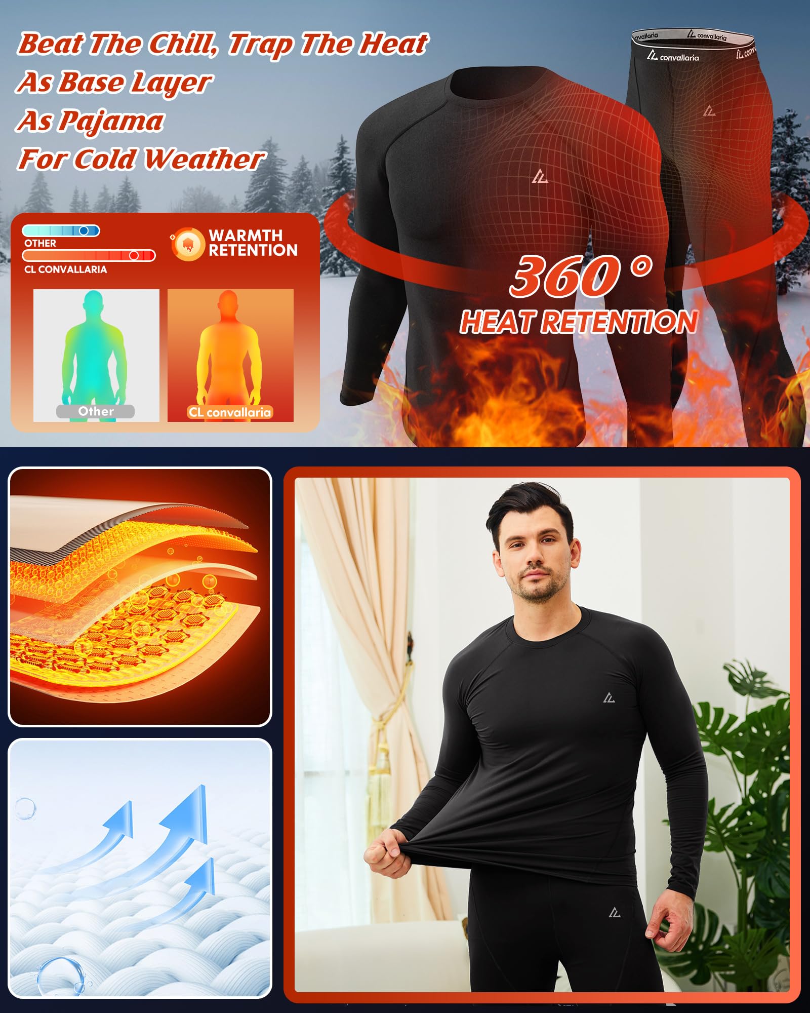 CL convallaria Long Underwear Mens Thermal Underwear Set Winter Hunting Gear Sport Long Johns for Men Base Layer Top and Bottom Midweight Black X-Large
