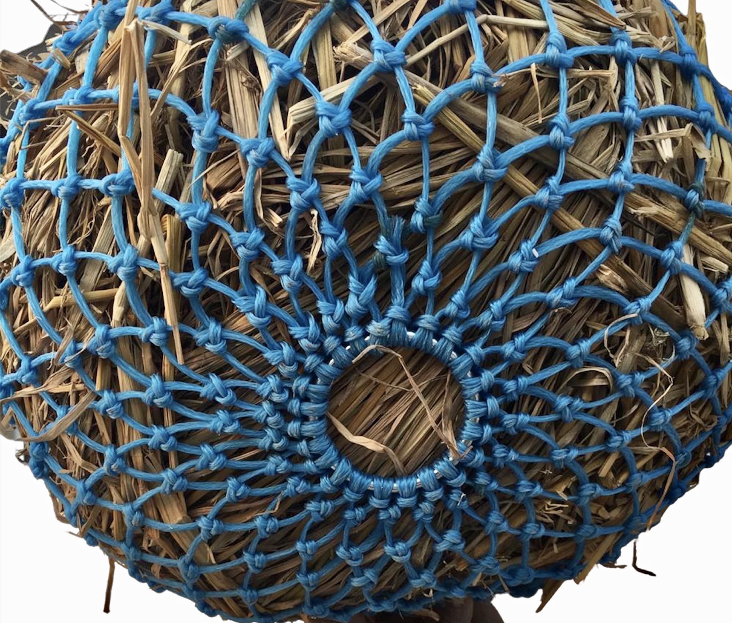 Majestic Ally 2 Pcs 1.25βx1.25β Holes Ultra Slow Feed 40β Very Sturdy Hay Net with Bottom Ring for Goat, Sheep and Livestock Simulatr grazing, Reduces Waste (Hurricane Blue)
