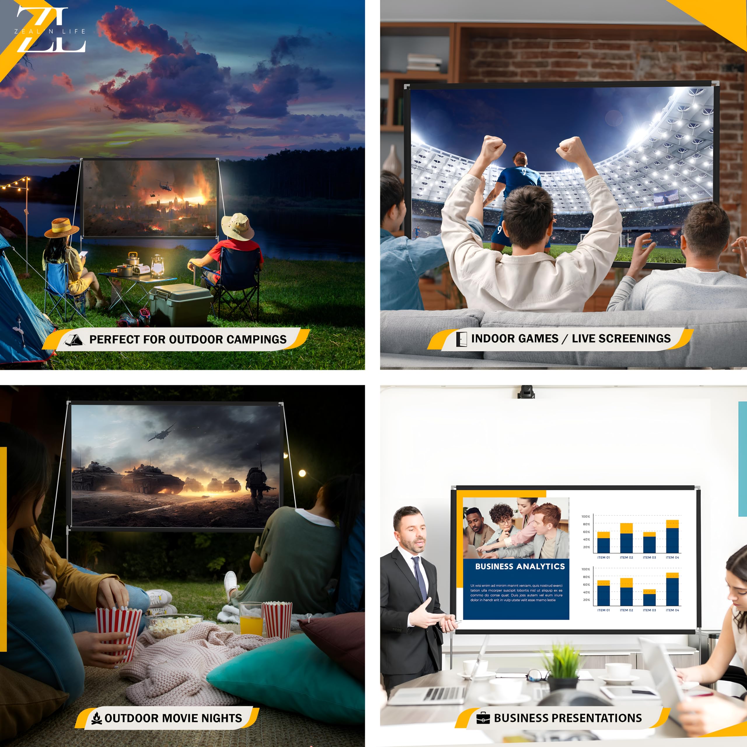 ZEAL'N LIFE 120 inch 4K HD 16:9 Projector Screen Polyester Material, Front/Rear Projection, Freestanding with Stand, Outdoor/Indoor Use, 160 Degree Viewing Angle
