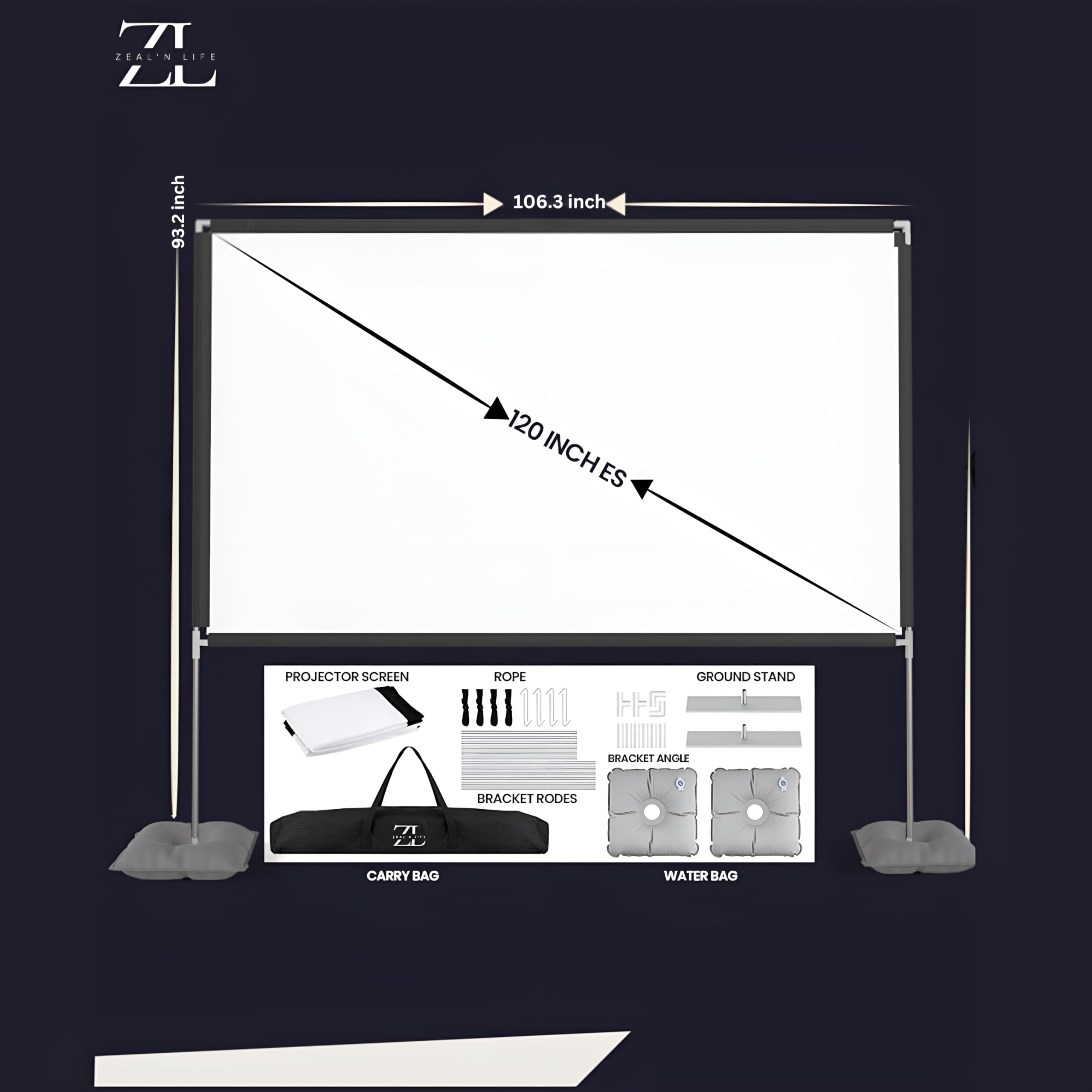 ZEAL'N LIFE 120 inch 4K HD 16:9 Projector Screen Polyester Material, Front/Rear Projection, Freestanding with Stand, Outdoor/Indoor Use, 160 Degree Viewing Angle