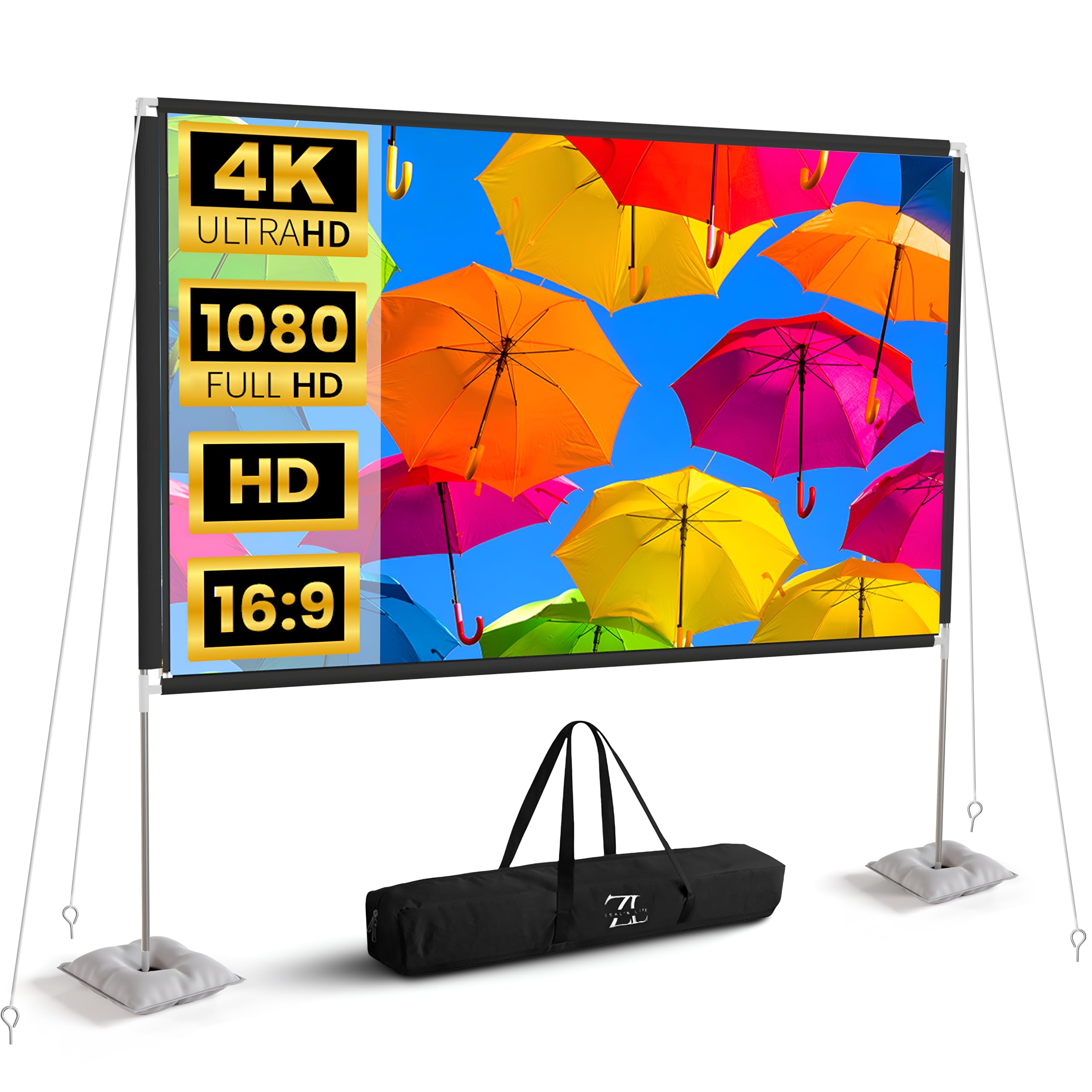 ZEAL'N LIFE 120 inch 4K HD 16:9 Projector Screen Polyester Material, Front/Rear Projection, Freestanding with Stand, Outdoor/Indoor Use, 160 Degree Viewing Angle