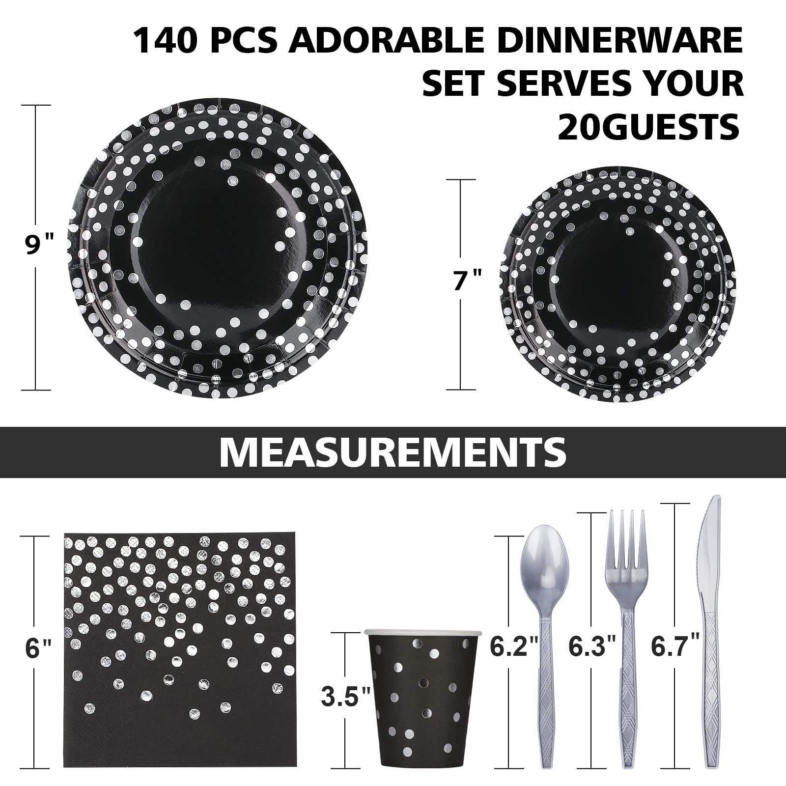 LTplazhi 140PCS Black and Silver Party Supplies - Dinner Plate, Dessert Plate, Napkin, Cup, Forks, Knives, Spoons - Biodegradable