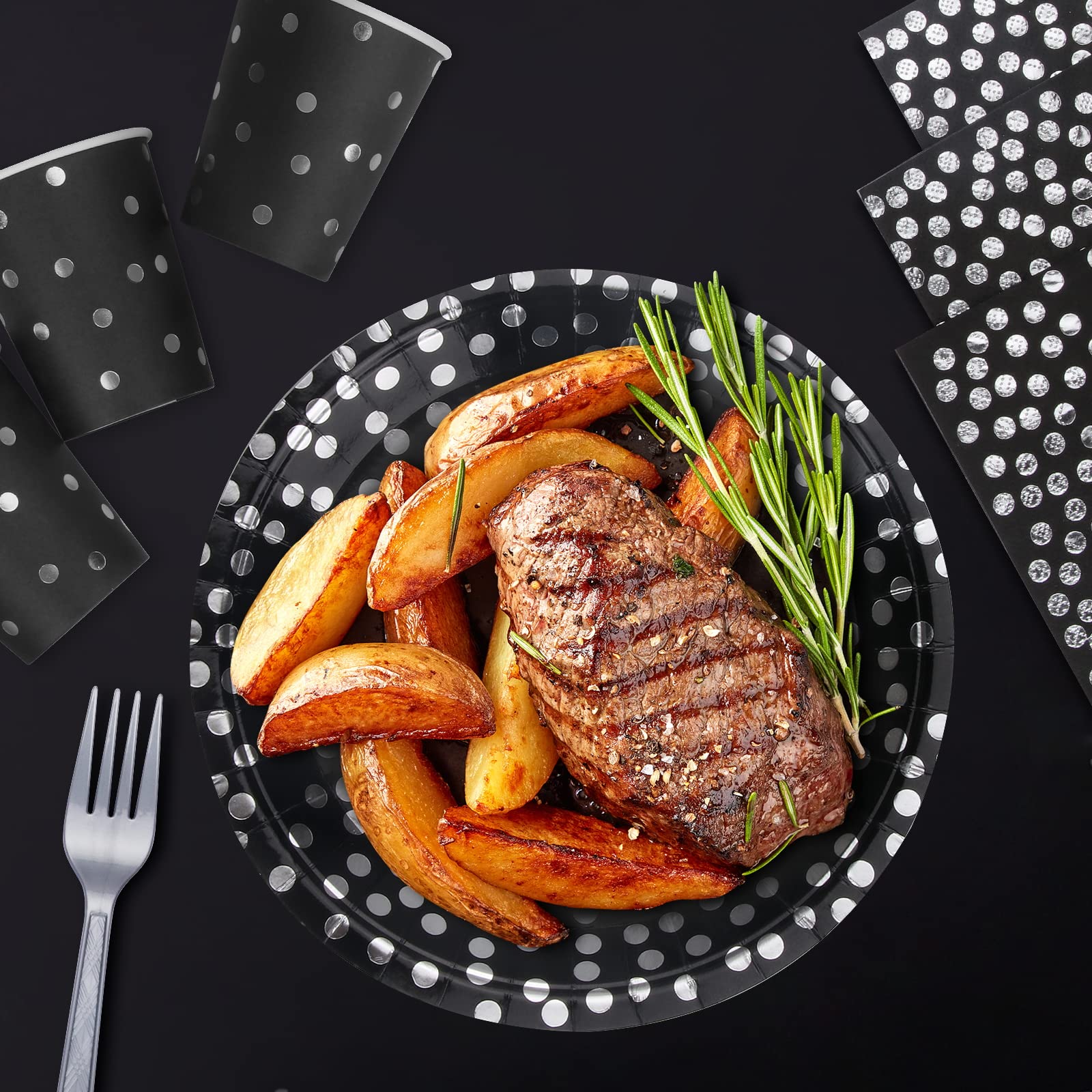 LTplazhi 140PCS Black and Silver Party Supplies - Dinner Plate, Dessert Plate, Napkin, Cup, Forks, Knives, Spoons - Biodegradable