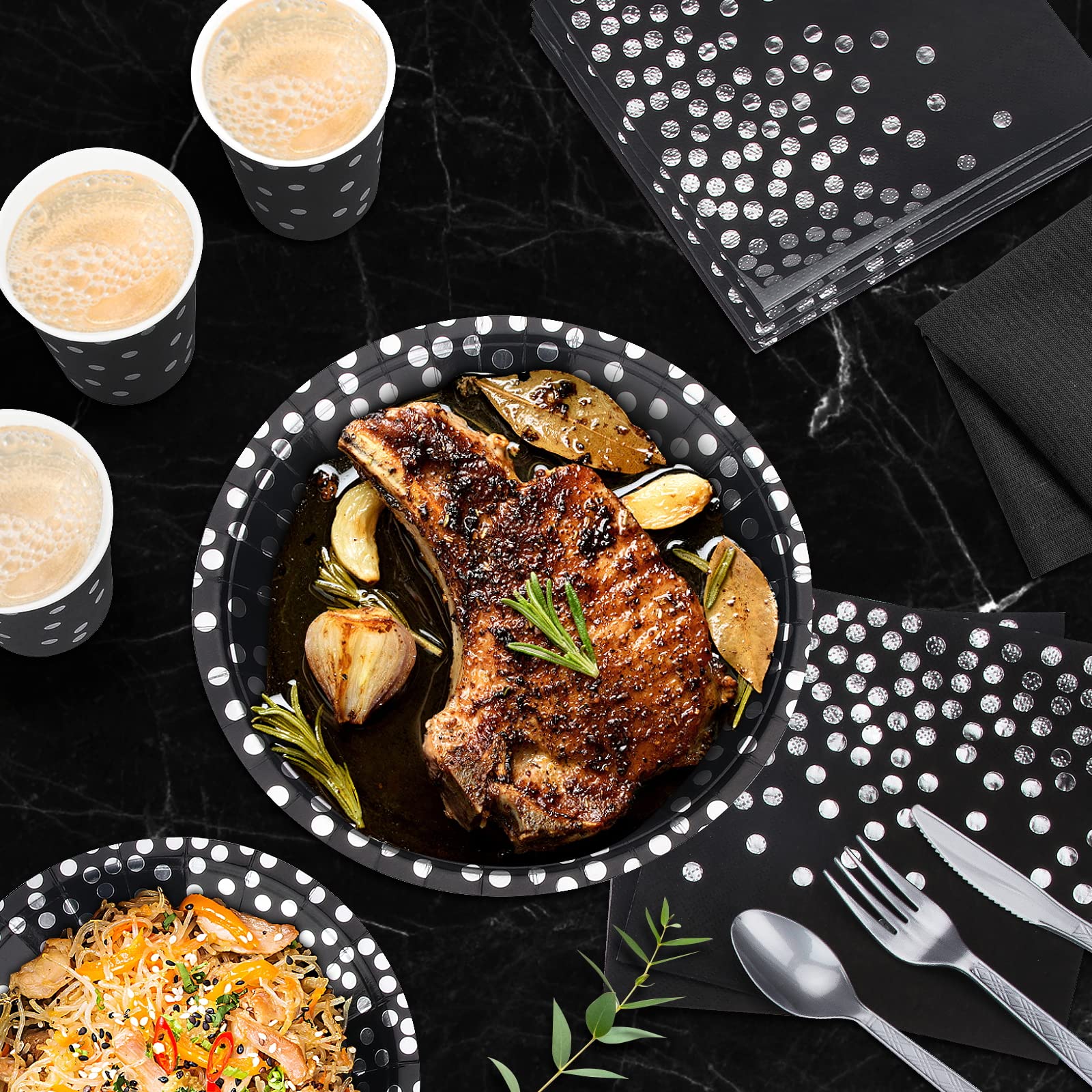 LTplazhi 140PCS Black and Silver Party Supplies - Dinner Plate, Dessert Plate, Napkin, Cup, Forks, Knives, Spoons - Biodegradable