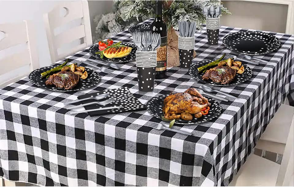 LTplazhi 140PCS Black and Silver Party Supplies - Dinner Plate, Dessert Plate, Napkin, Cup, Forks, Knives, Spoons - Biodegradable