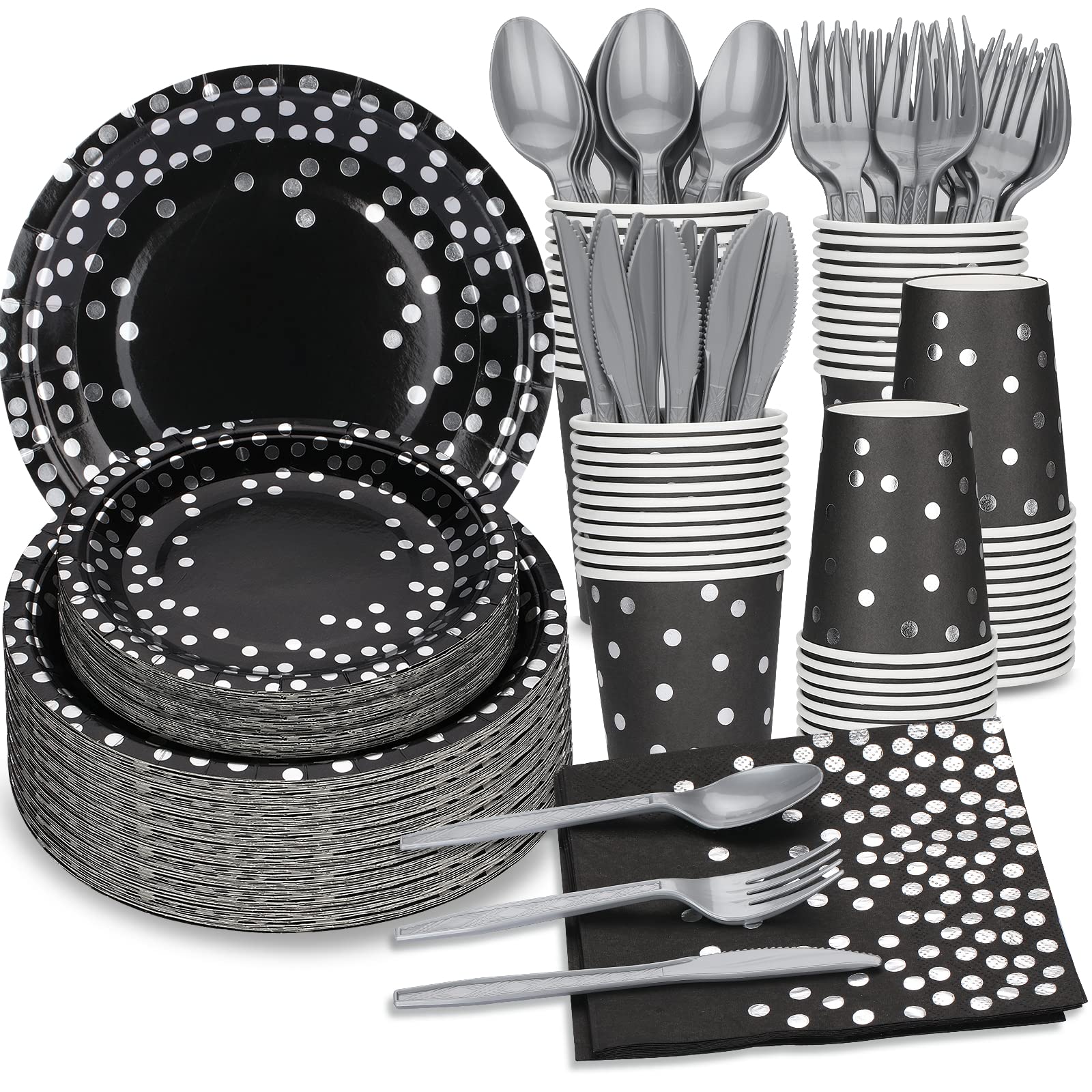 LTplazhi 140PCS Black and Silver Party Supplies - Dinner Plate, Dessert Plate, Napkin, Cup, Forks, Knives, Spoons - Biodegradable