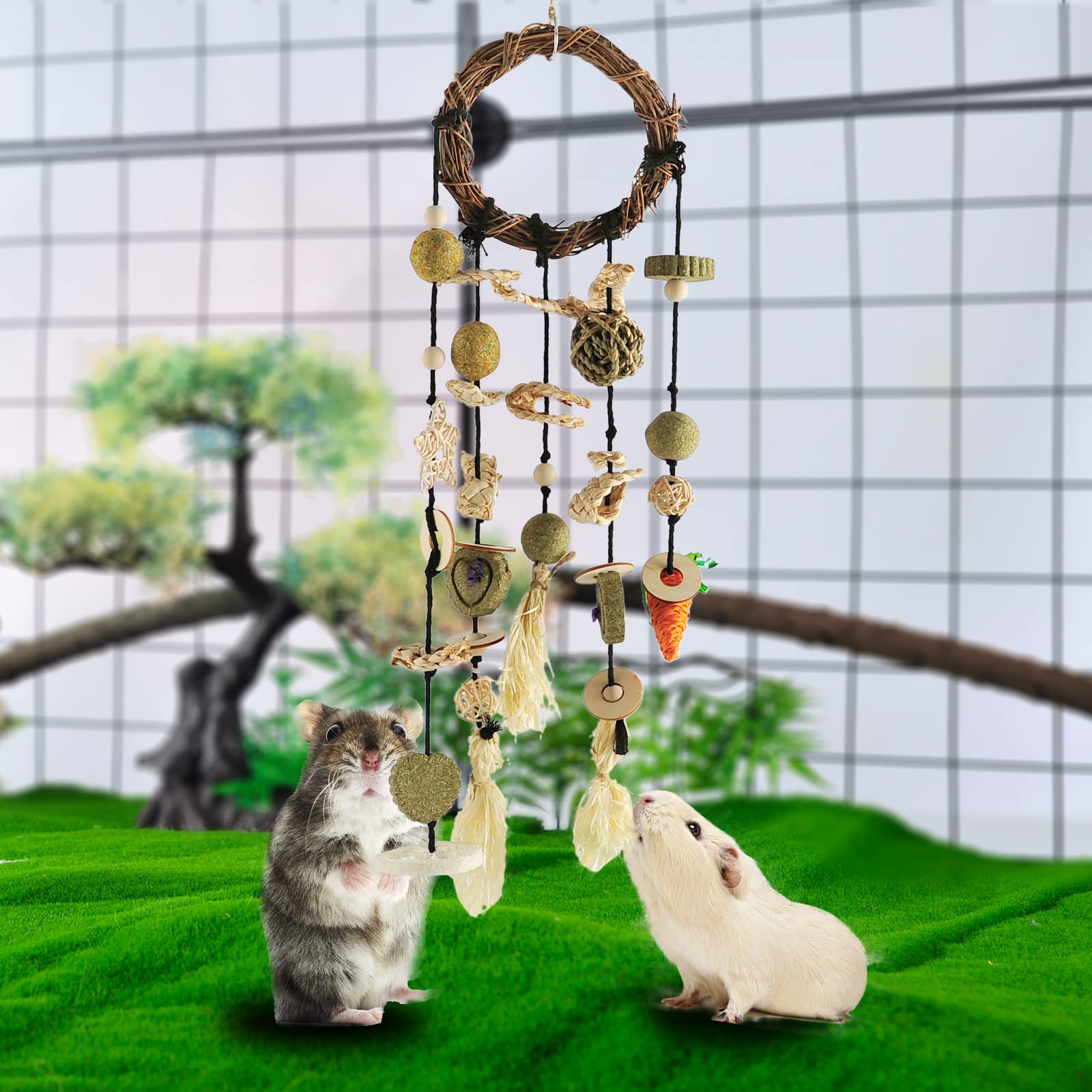 DAMPET 5 Strings, Bunny Teeth Grinding Chew Toys, Rabbit Cage Hanging Chew Toys, All Natural Materials for Guinea Pigs, Hamsters, Rabbits and Rats