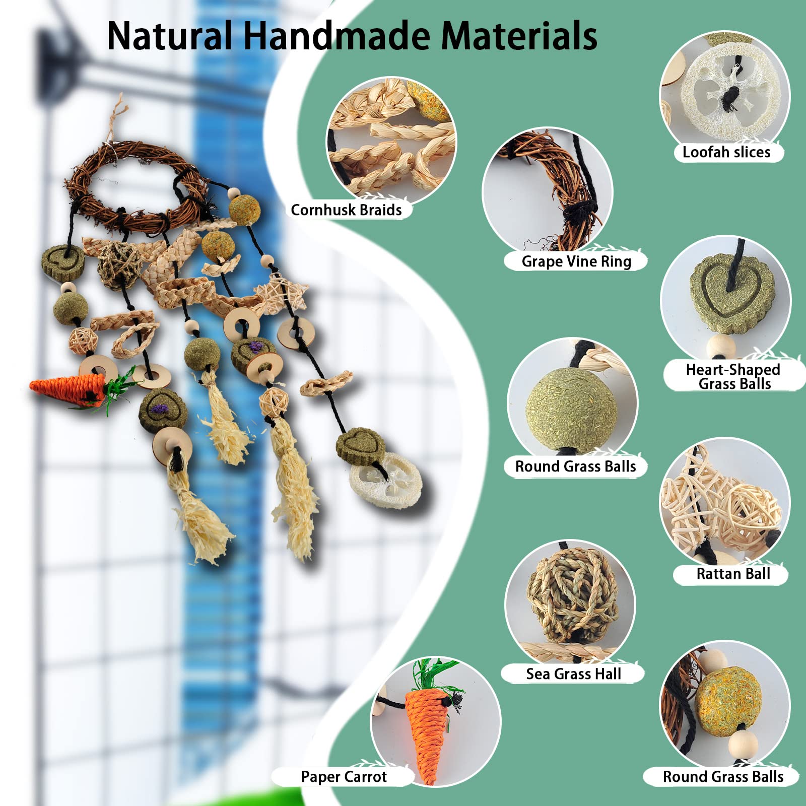 DAMPET 5 Strings, Bunny Teeth Grinding Chew Toys, Rabbit Cage Hanging Chew Toys, All Natural Materials for Guinea Pigs, Hamsters, Rabbits and Rats