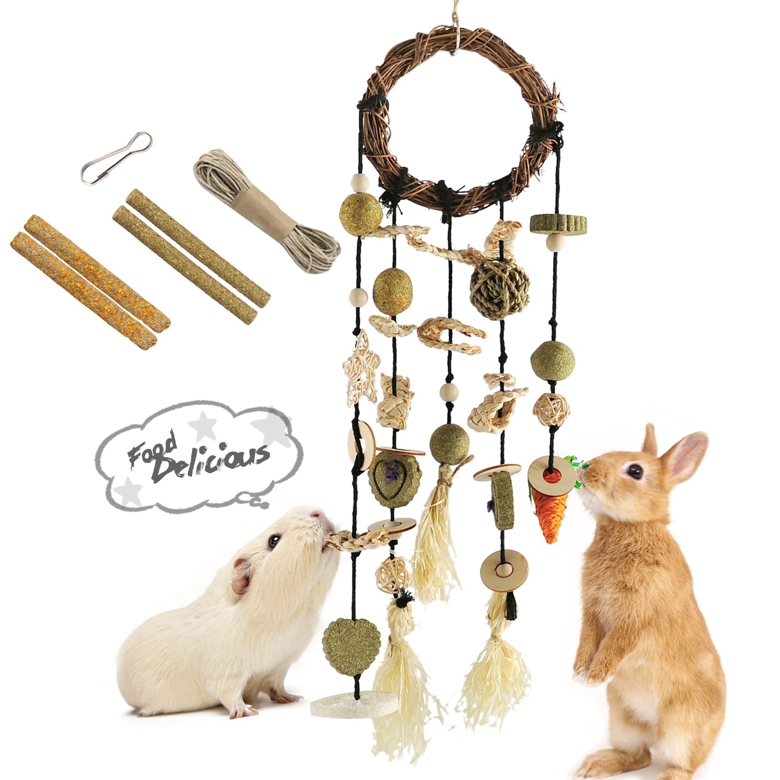 DAMPET 5 Strings, Bunny Teeth Grinding Chew Toys, Rabbit Cage Hanging Chew Toys, All Natural Materials for Guinea Pigs, Hamsters, Rabbits and Rats