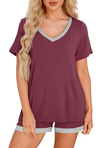 PrinStory Women's Pajama Set Short Sleeve Shirt and Shorts Sleepwear Pjs Sets with Pockets Purple Red-X-Large