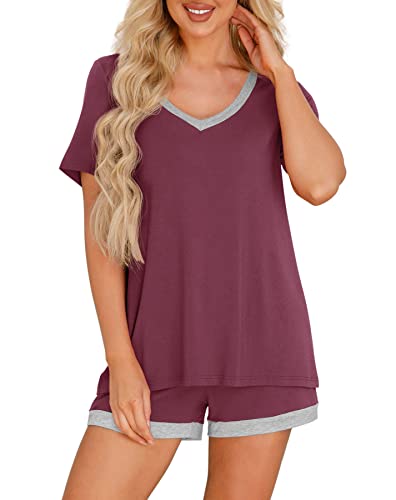 PrinStory Women's Pajama Set Short Sleeve Shirt and Shorts Sleepwear Pjs Sets with Pockets Purple Red-X-Large