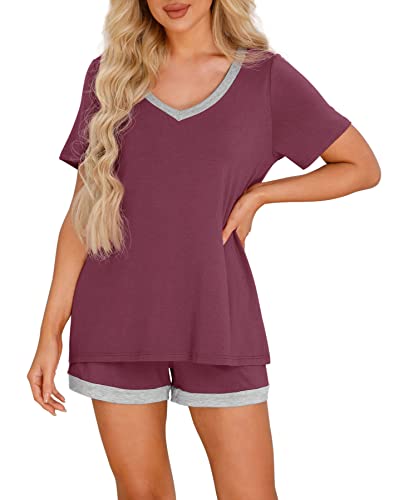PrinStory Women's Pajama Set Short Sleeve Shirt and Shorts Sleepwear Pjs Sets with Pockets Purple Red-X-Large