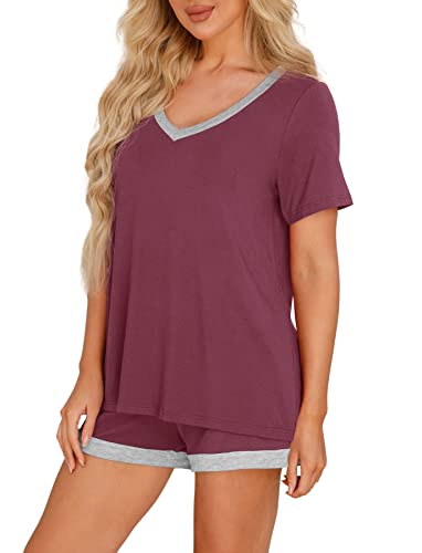PrinStory Women's Pajama Set Short Sleeve Shirt and Shorts Sleepwear Pjs Sets with Pockets Purple Red-X-Large