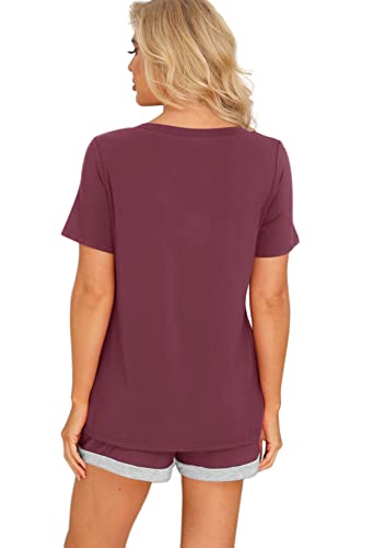 PrinStory Women's Pajama Set Short Sleeve Shirt and Shorts Sleepwear Pjs Sets with Pockets Purple Red-X-Large