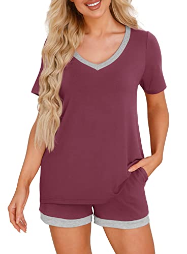 PrinStory Women's Pajama Set Short Sleeve Shirt and Shorts Sleepwear Pjs Sets with Pockets Purple Red-X-Large