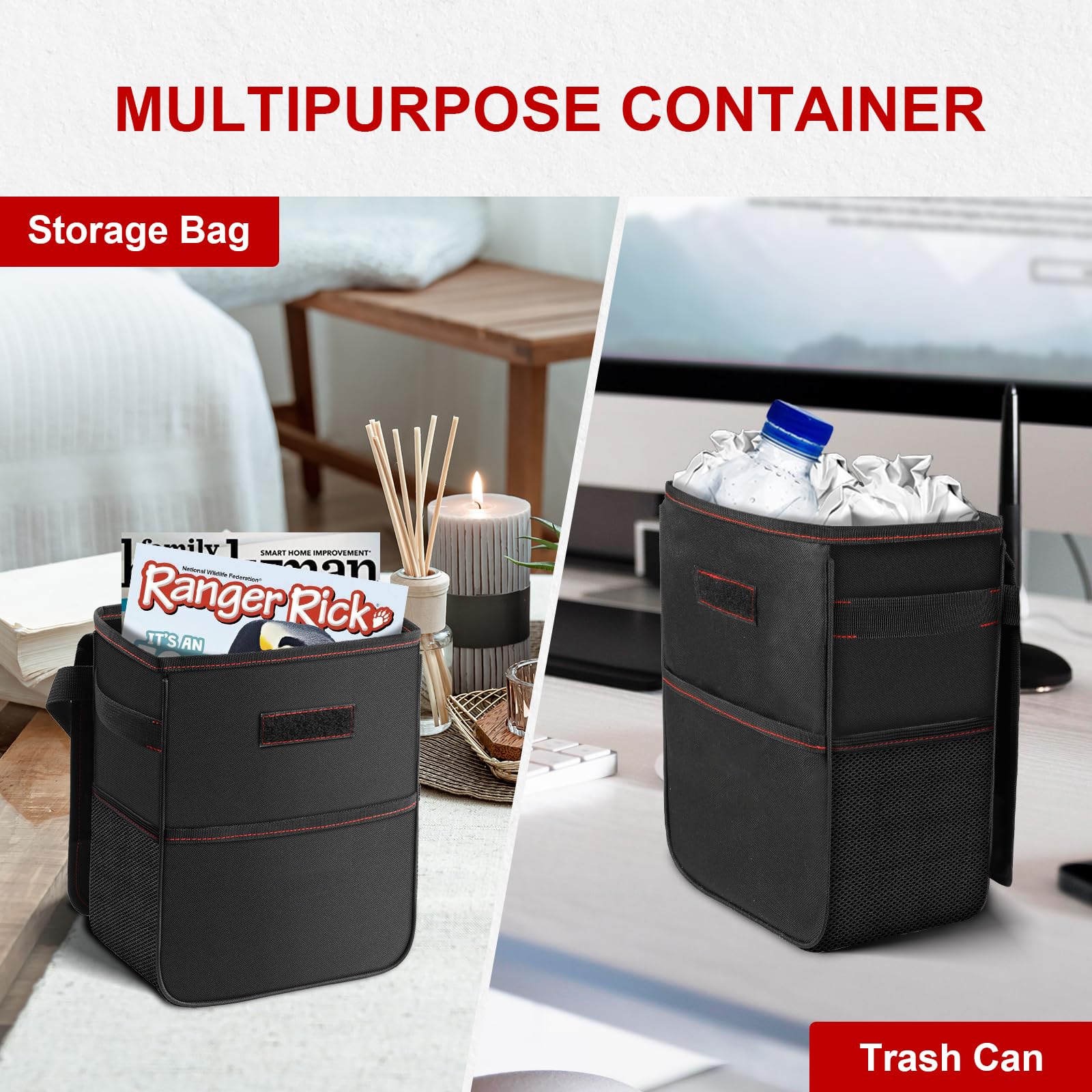 Simple Deluxe Car Trash Can with Lid and Storage Pockets, Leak-Proof Car Garbage Can with Adjustable Straps, Waterproof, Portable and Collapsible Trash Bag for Car, 2 Gallon, Black