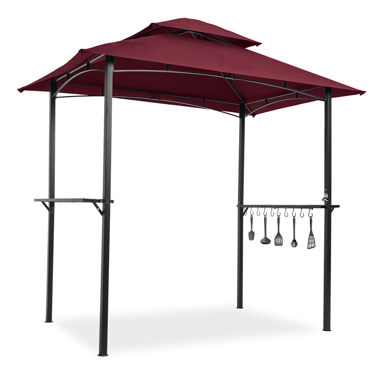 8' x 5' Grill Gazebo Shelter, Outdoor BBQ Gazebo with Double Tier Soft Top, Grill Canopy Tent with Hook and Shelves for Patio Backyard, Steel Frame, Burgundy