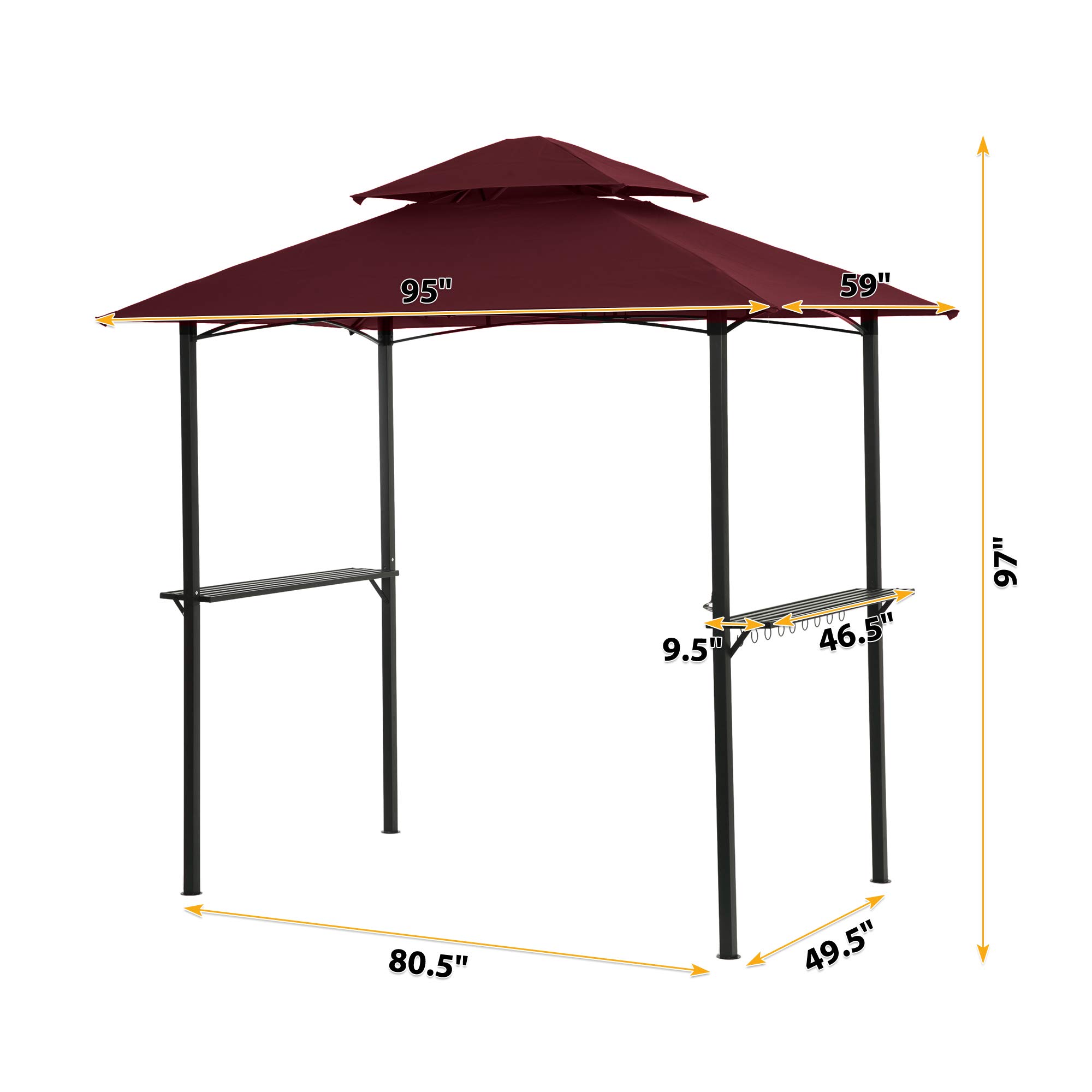 8' x 5' Grill Gazebo Shelter, Outdoor BBQ Gazebo with Double Tier Soft Top, Grill Canopy Tent with Hook and Shelves for Patio Backyard, Steel Frame, Burgundy