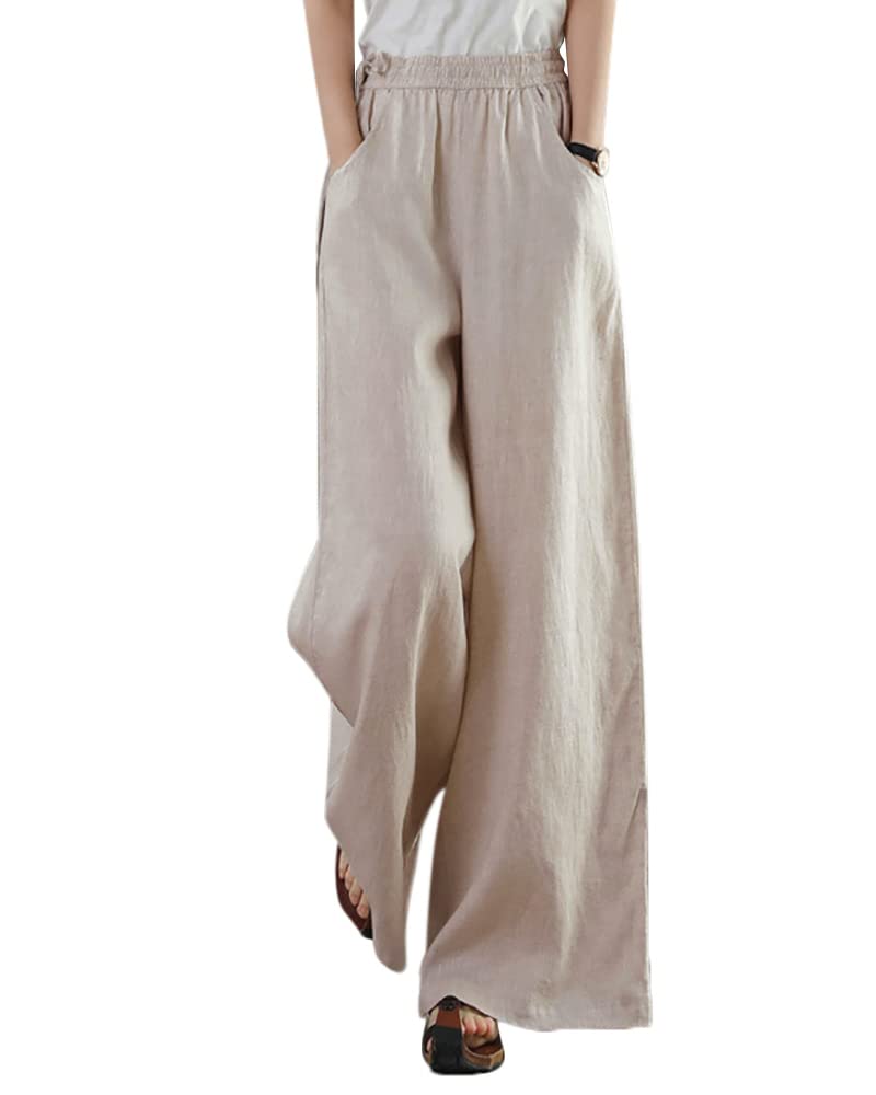 Les umes Women's Casual Wide Leg Long Pants High Waist Drawsting Loose Palazzo Pants Cotton Linen Beach Trousers Beige XL