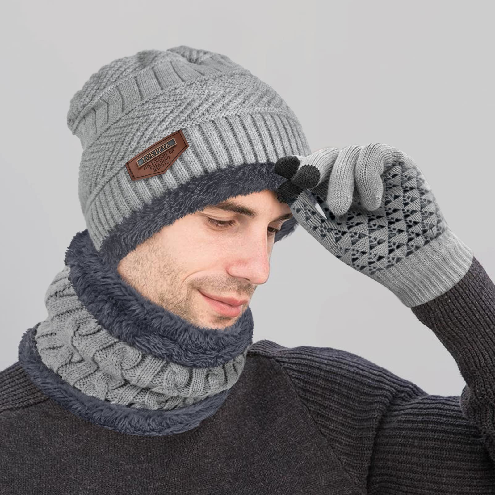Winter Beanie Hats Scarf Gloves Set Thick Warm Slouchy Beanies Hat Knit Skull Cap Neck Warmer for Men Women, Light Grey