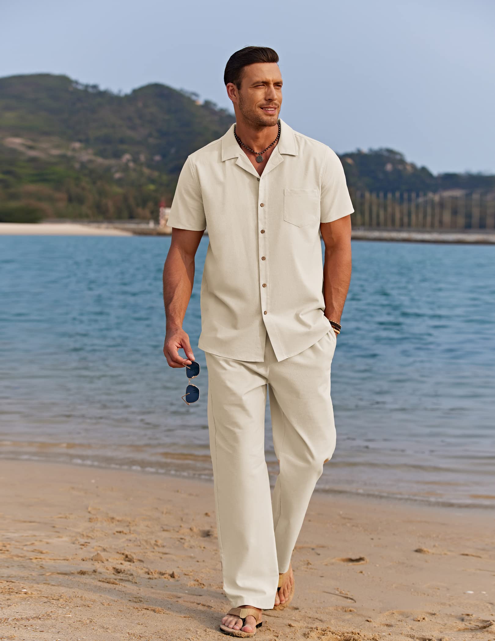 COOFANDY Men Beach Linen Outfits Sets 2 Piece Cuba Guayabera Shirts Summer Island Sets