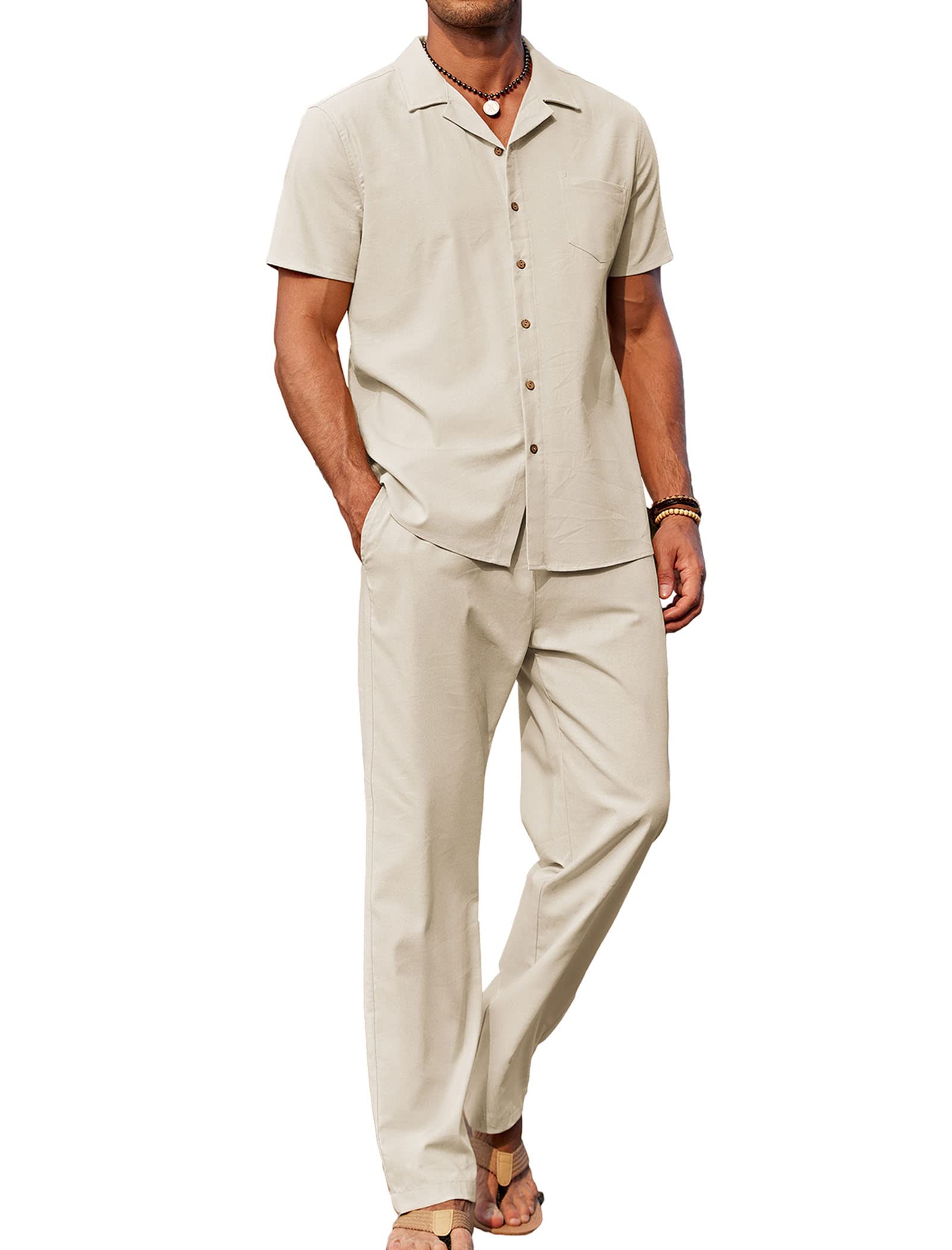 COOFANDY Men Beach Linen Outfits Sets 2 Piece Cuba Guayabera Shirts Summer Island Sets