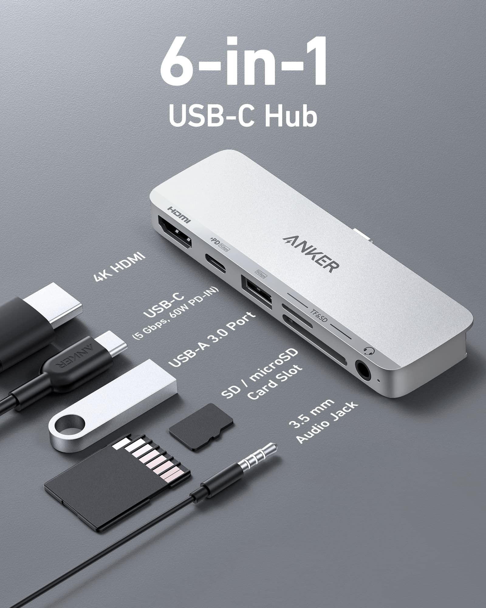 Anker USB-C Hub for USB-C iPad, 541 USB-C Hub (6-in-1) with 4K HDMI Port, Multi-Function USB-C Port, SD and microSD Card Slots, for iPad Pro 5th Gen/iPad Air 5th Gen/iPad Mini 6th and Later (Silver)