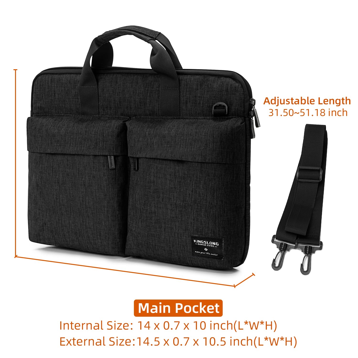 KINGSLONG 14 inch Laptop Bag with Shoulder Strap, Messenger Bag, Slim Computer Carrying Case Notebook Handbag for Men Women Fit for Acer Asus Lenovo HP Toshiba, Black