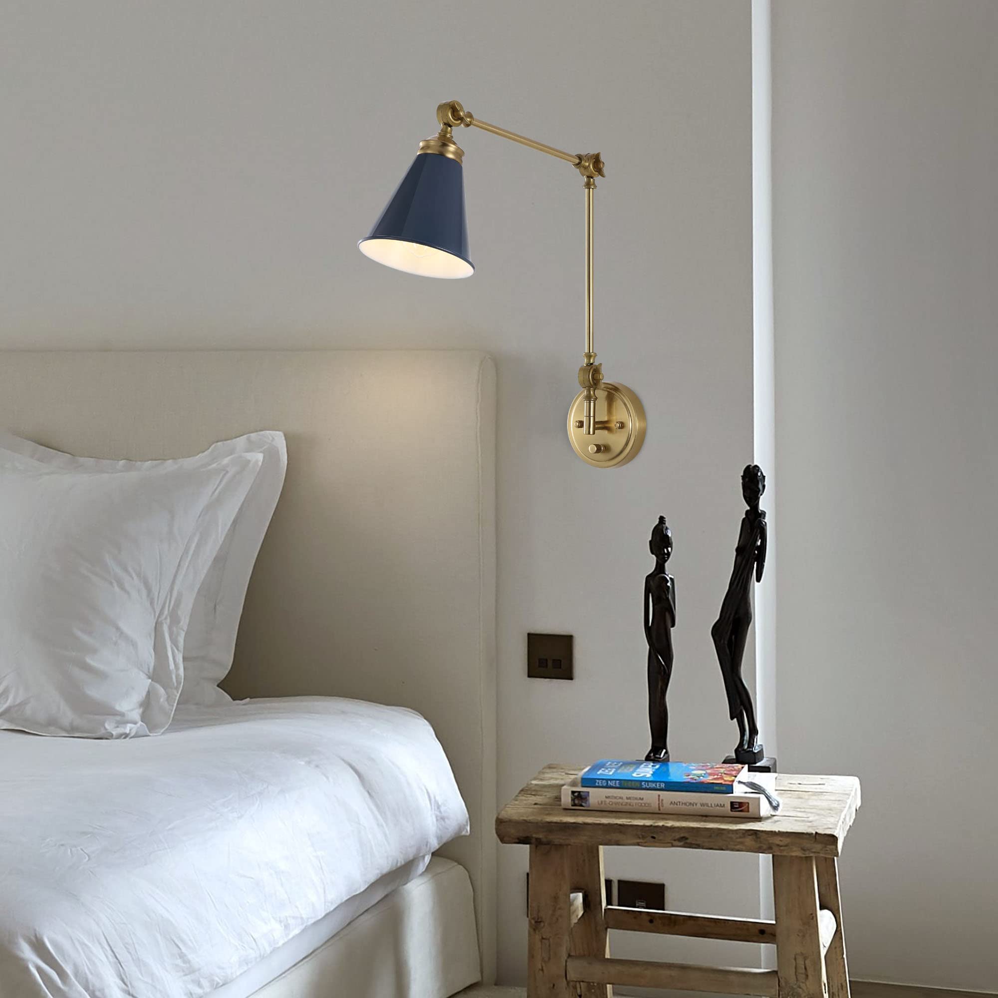WINGBO Swing Arm Wall Lamp, Modern Adjustable Wall Mounted Sconce, Warm Brass Finish and Blue Metal Shade