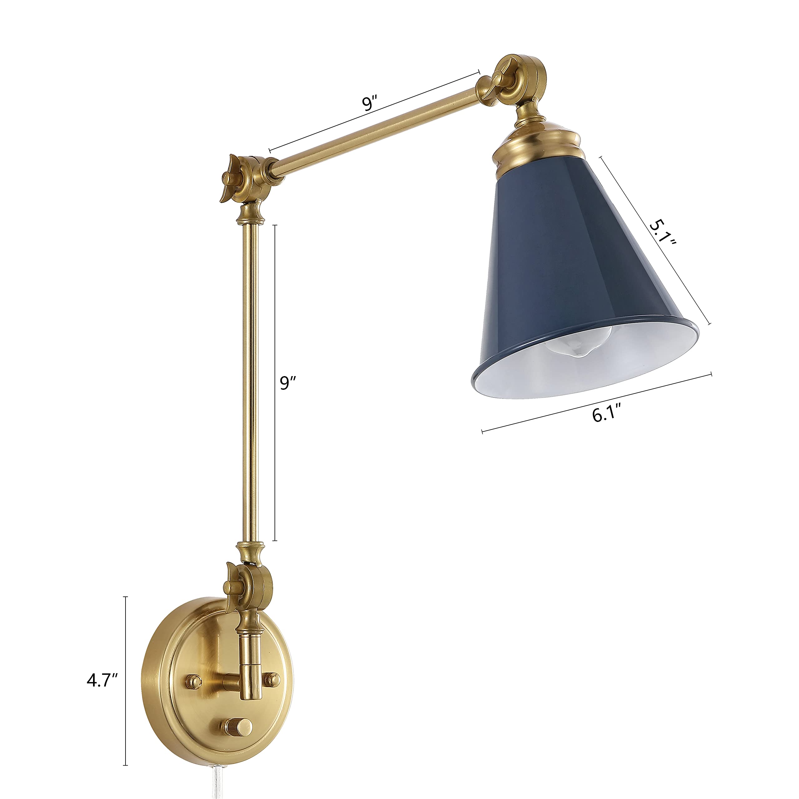 WINGBO Swing Arm Wall Lamp, Modern Adjustable Wall Mounted Sconce, Warm Brass Finish and Blue Metal Shade