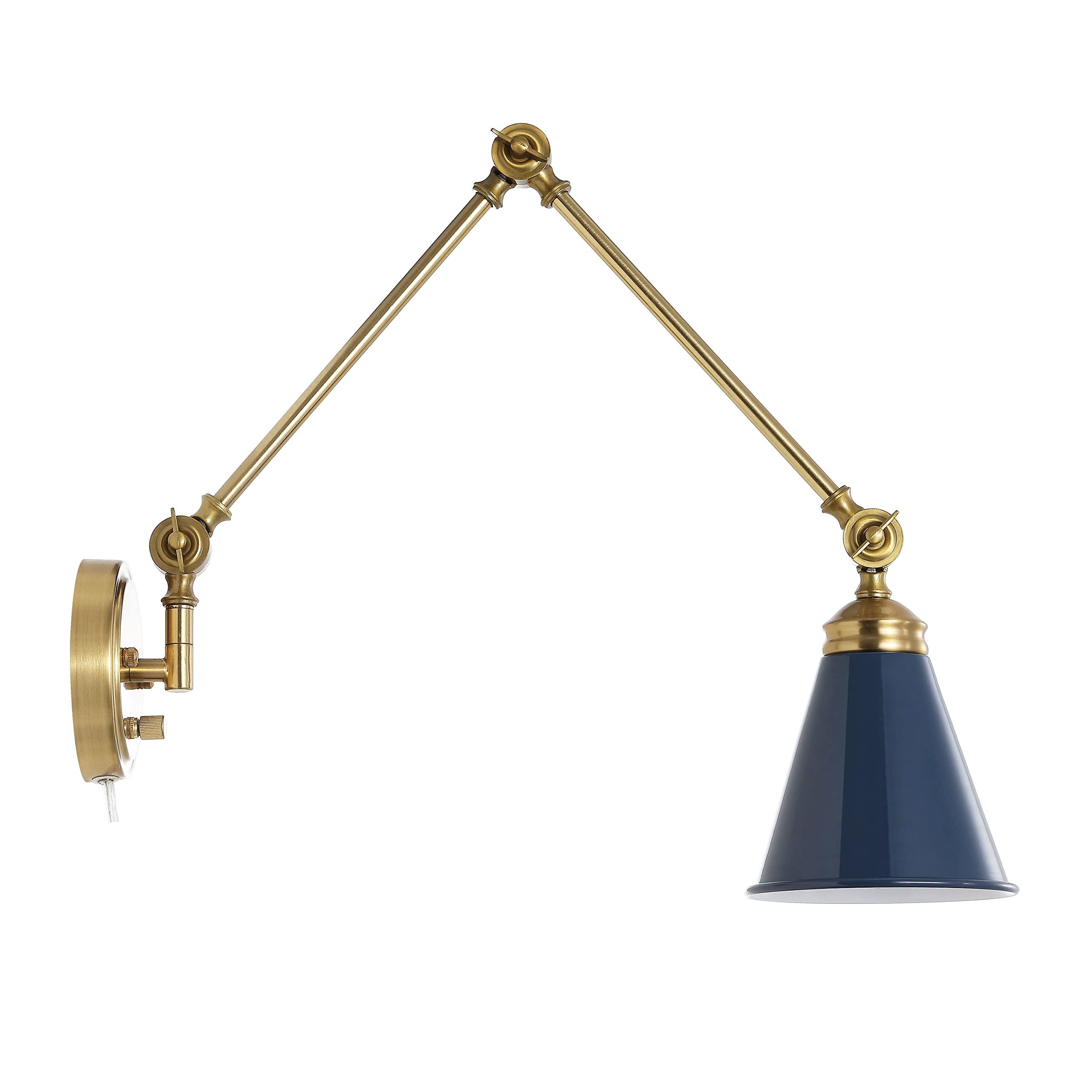 WINGBO Swing Arm Wall Lamp, Modern Adjustable Wall Mounted Sconce, Warm Brass Finish and Blue Metal Shade