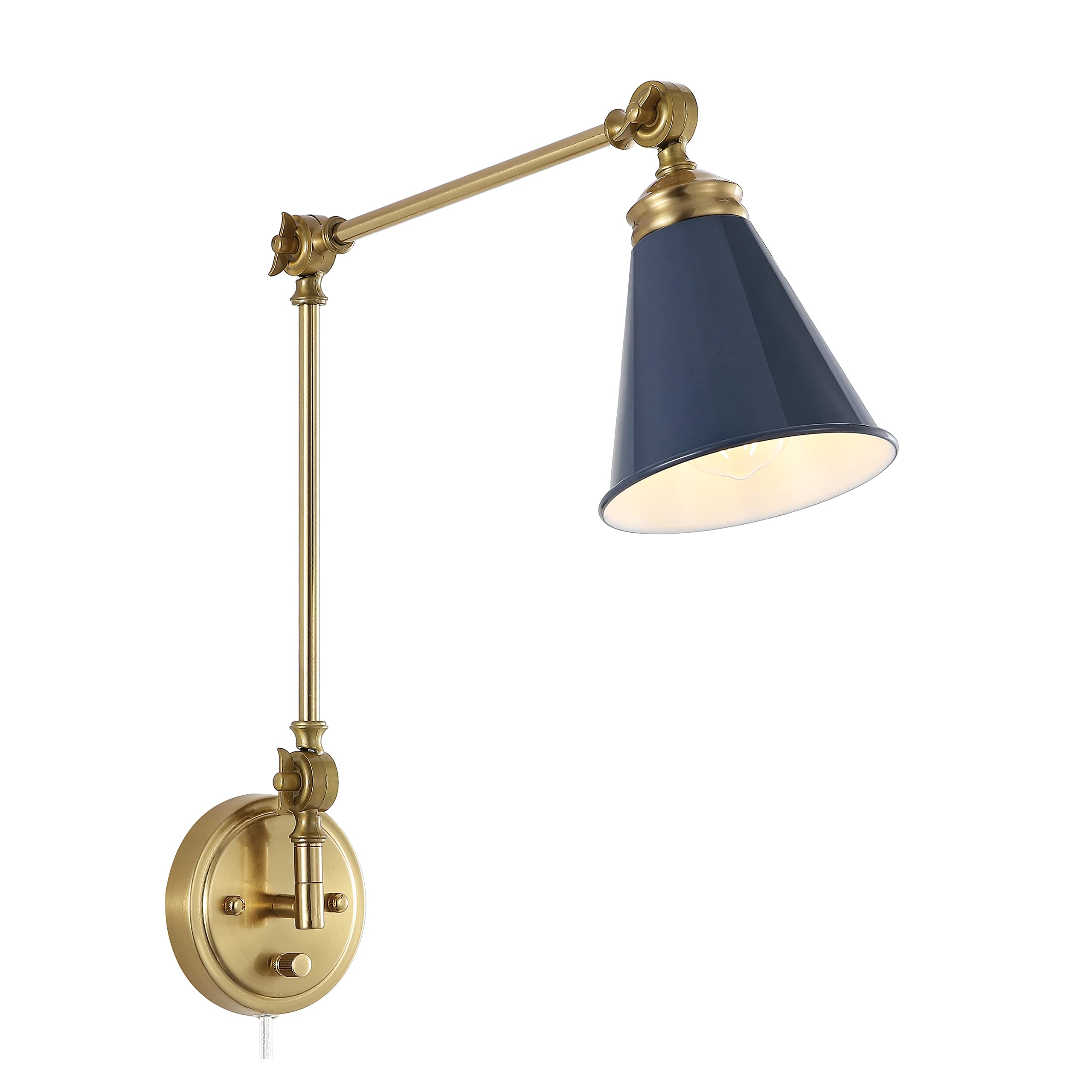 WINGBO Swing Arm Wall Lamp, Modern Adjustable Wall Mounted Sconce, Warm Brass Finish and Blue Metal Shade