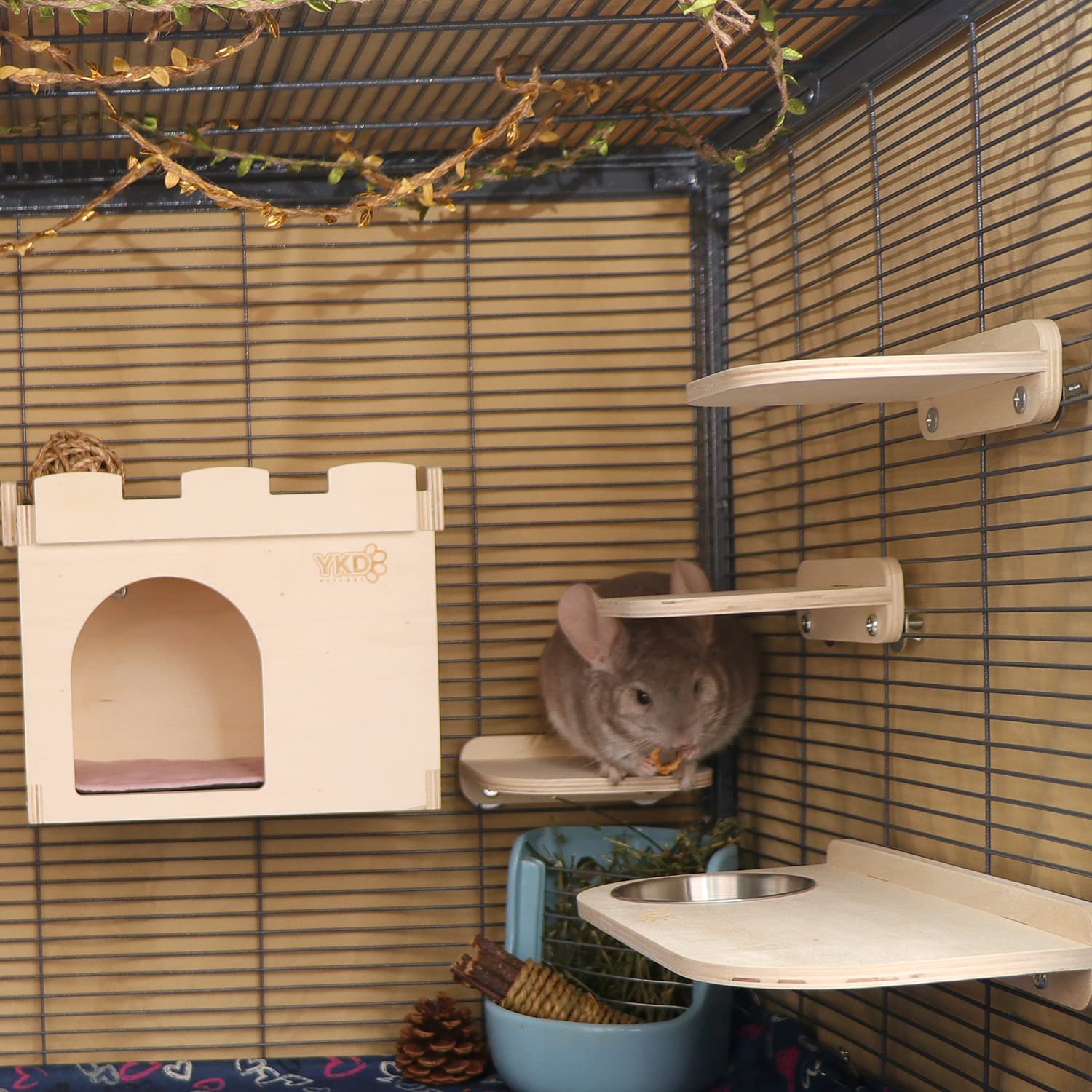 Chinchilla Wooden Platform Set, Chinchilla Cage Platform with Feeding Bowl, Small Animals Cage Accessories for Chinchilla Squirrel Gerbil Suger Glider Hamsters (3Pcs of Small Platform)
