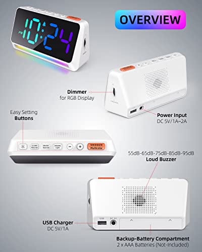 LED Digital Clock for Bedroom, Super Loud Alarm Clock for Heavy Sleepers Adults, Teens | Simple Plug-In Electric Bedside Nightstand Desk Clock with Light and Adjustable Color/Volume/Brightness/Snooze