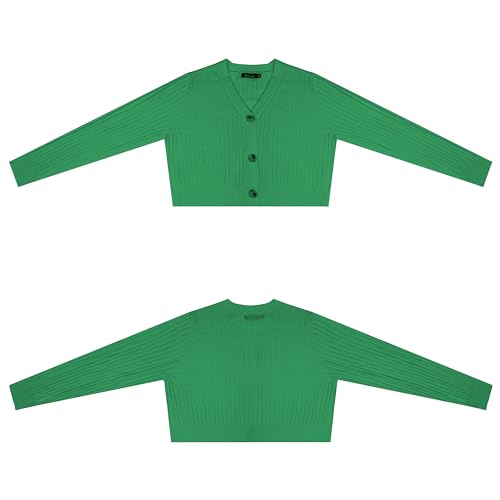 Women's Long Sleeve Cropped Cardigan Sweaters V Neck Solid Button Down Knit Bolero Shrugs Green