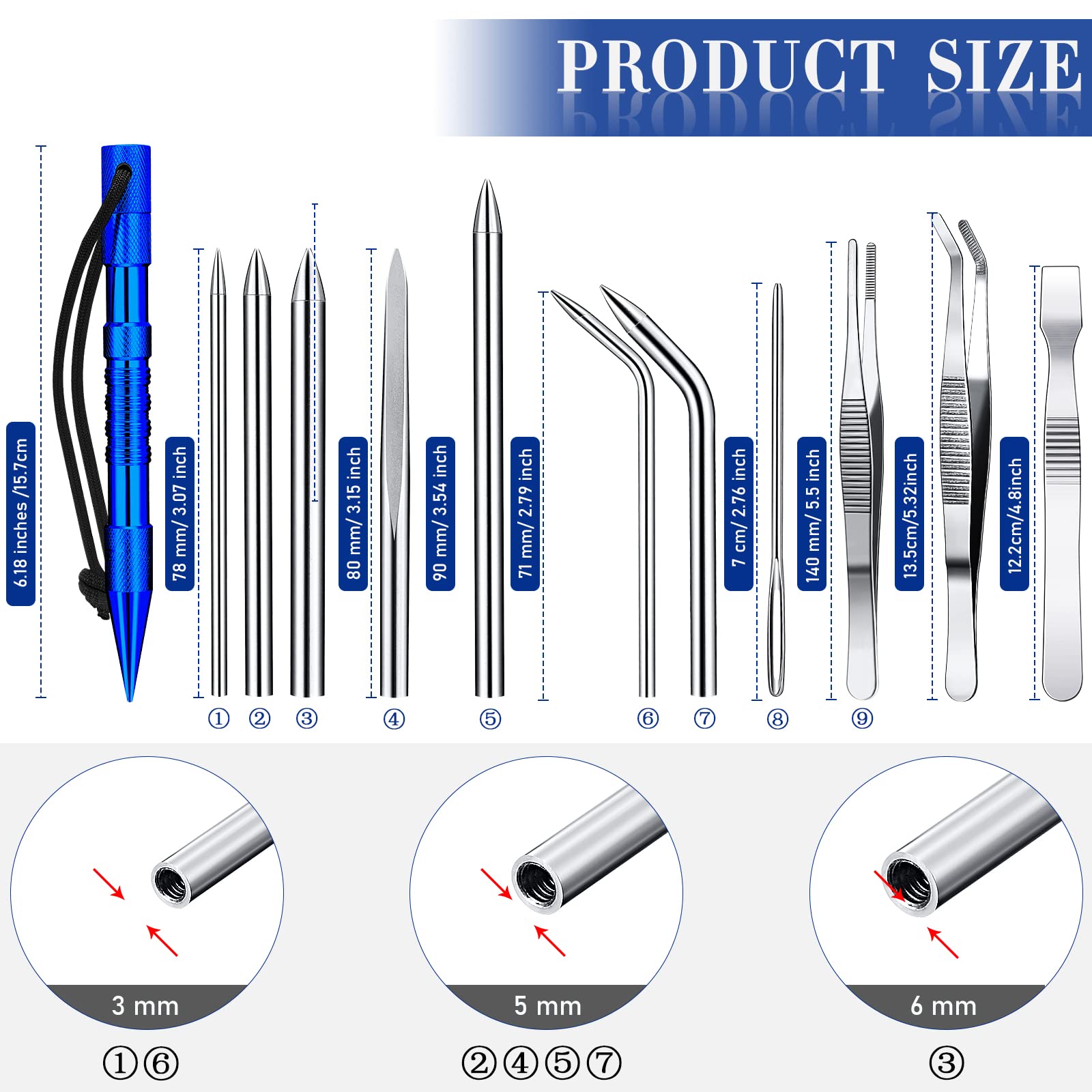 15 Pieces Paracord Tools Paracord FID Needle Set Stitching Set Stainless Steel Lacing Needles Smoothing Tool Knotter with Spike for Work Leather Weaving(Blue)