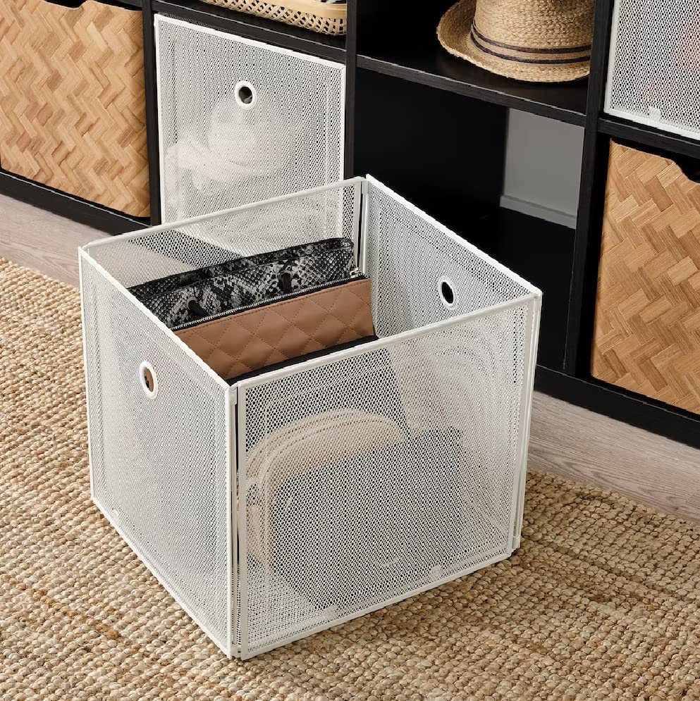DRÖNJÖNS Storage Box,White KALLAX Shelving Unit Media Accessories and Clothes Organizer Steel Mesh Square Bin Foldable Handled 13x14 ½x13