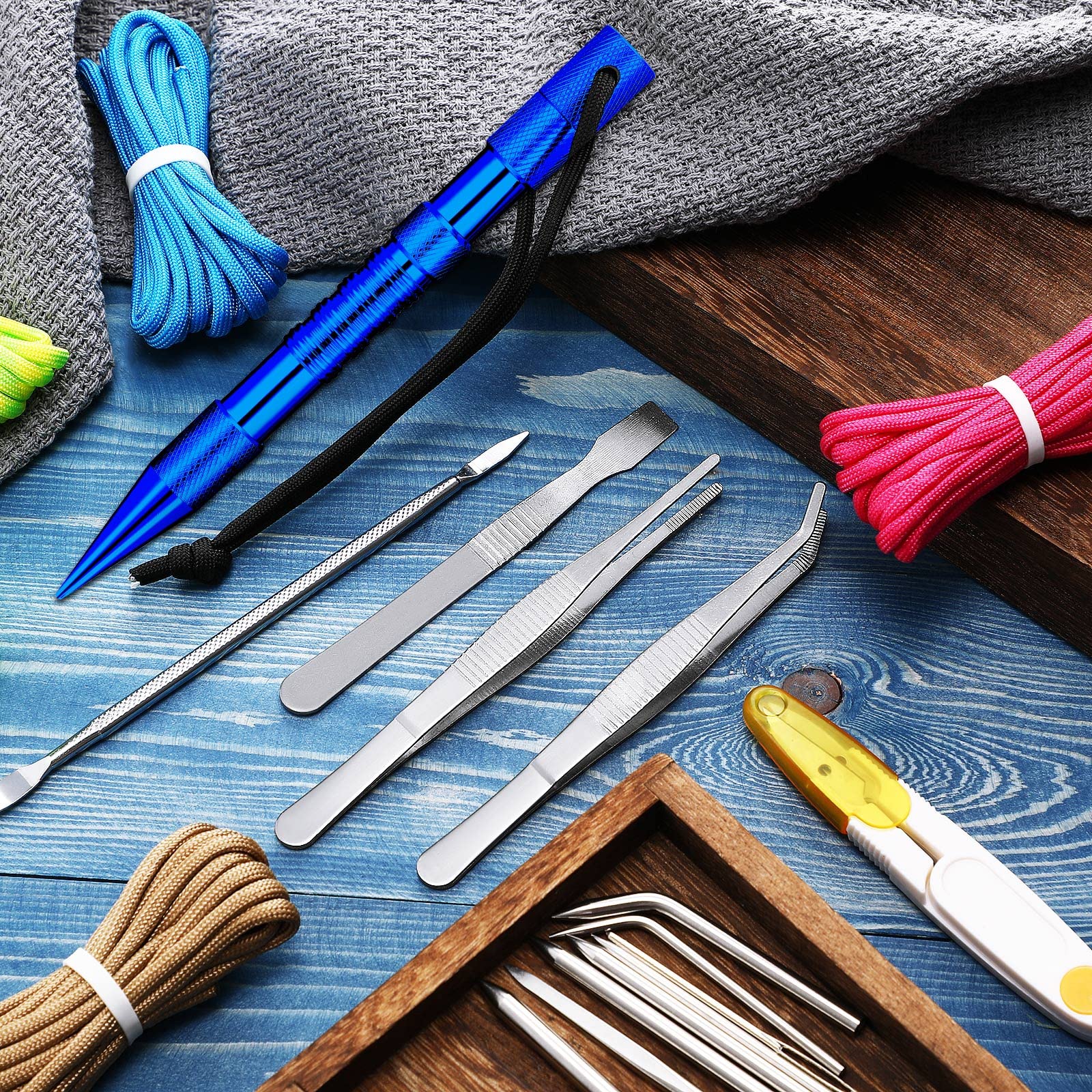 15 Pieces Paracord Tools Paracord FID Needle Set Stitching Set Stainless Steel Lacing Needles Smoothing Tool Knotter with Spike for Work Leather Weaving(Blue)