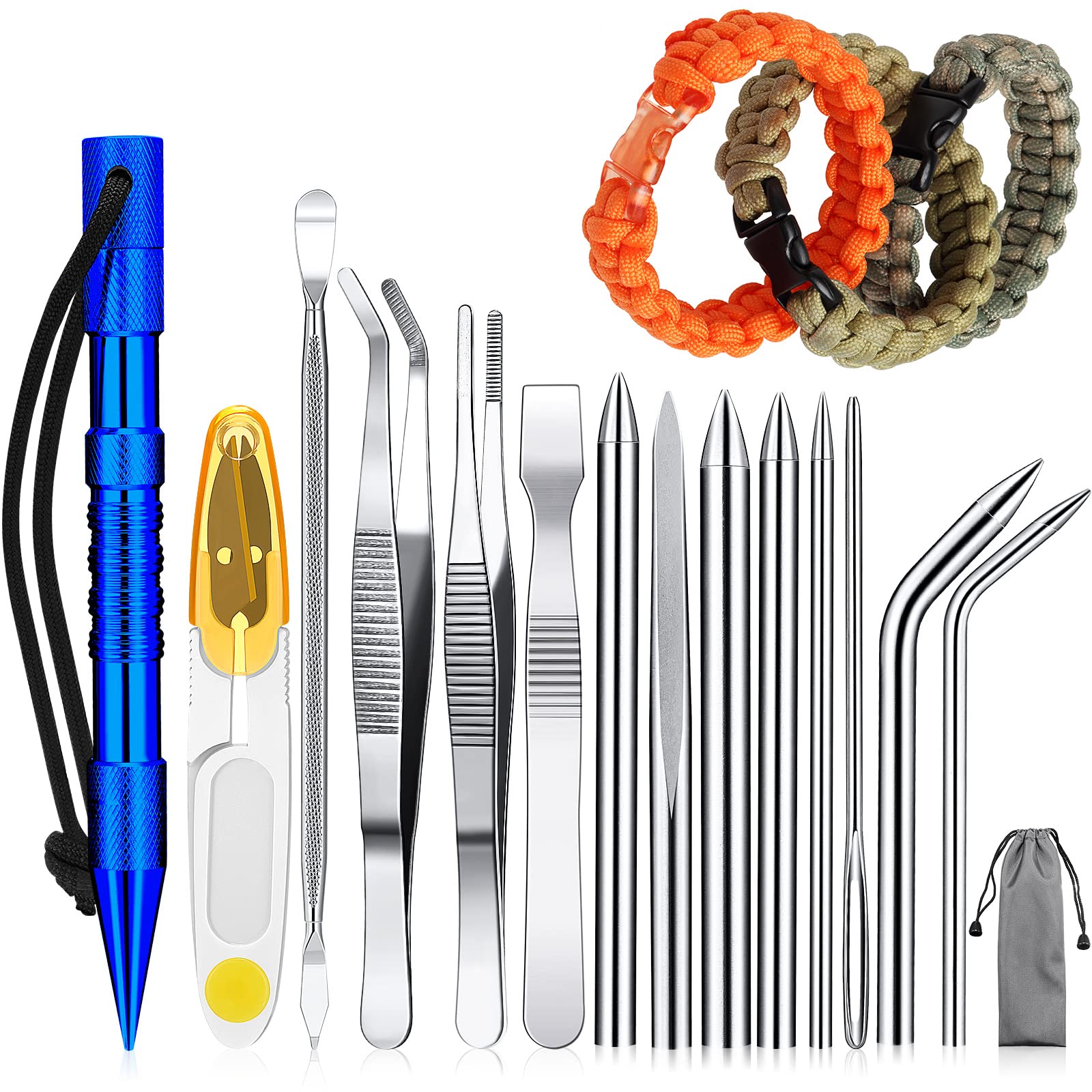 15 Pieces Paracord Tools Paracord FID Needle Set Stitching Set Stainless Steel Lacing Needles Smoothing Tool Knotter with Spike for Work Leather Weaving(Blue)