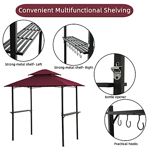 8' X 5' Grill Gazebo Shelter with Double Tiered, Outdoor BBQ Gazebo with Shelves and Hooks, Grill Canopy Tent for Patio Backyard, Burgundy
