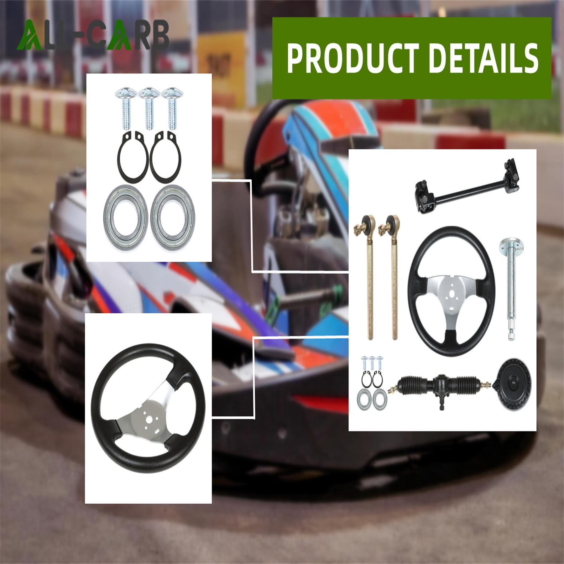 ALL-CARB Go Kart 300mm Steering Wheel Steel Kit Gear Rack Pinion 320mm Adjustable Tie Rod Rack Shaft Assembly Replacement for 110cc Go Kart