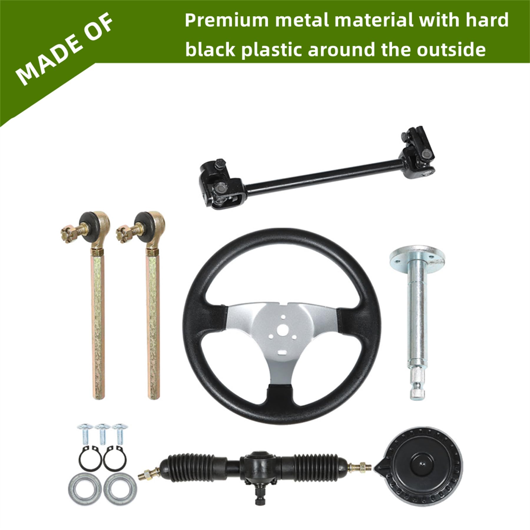 ALL-CARB Go Kart 300mm Steering Wheel Steel Kit Gear Rack Pinion 320mm Adjustable Tie Rod Rack Shaft Assembly Replacement for 110cc Go Kart