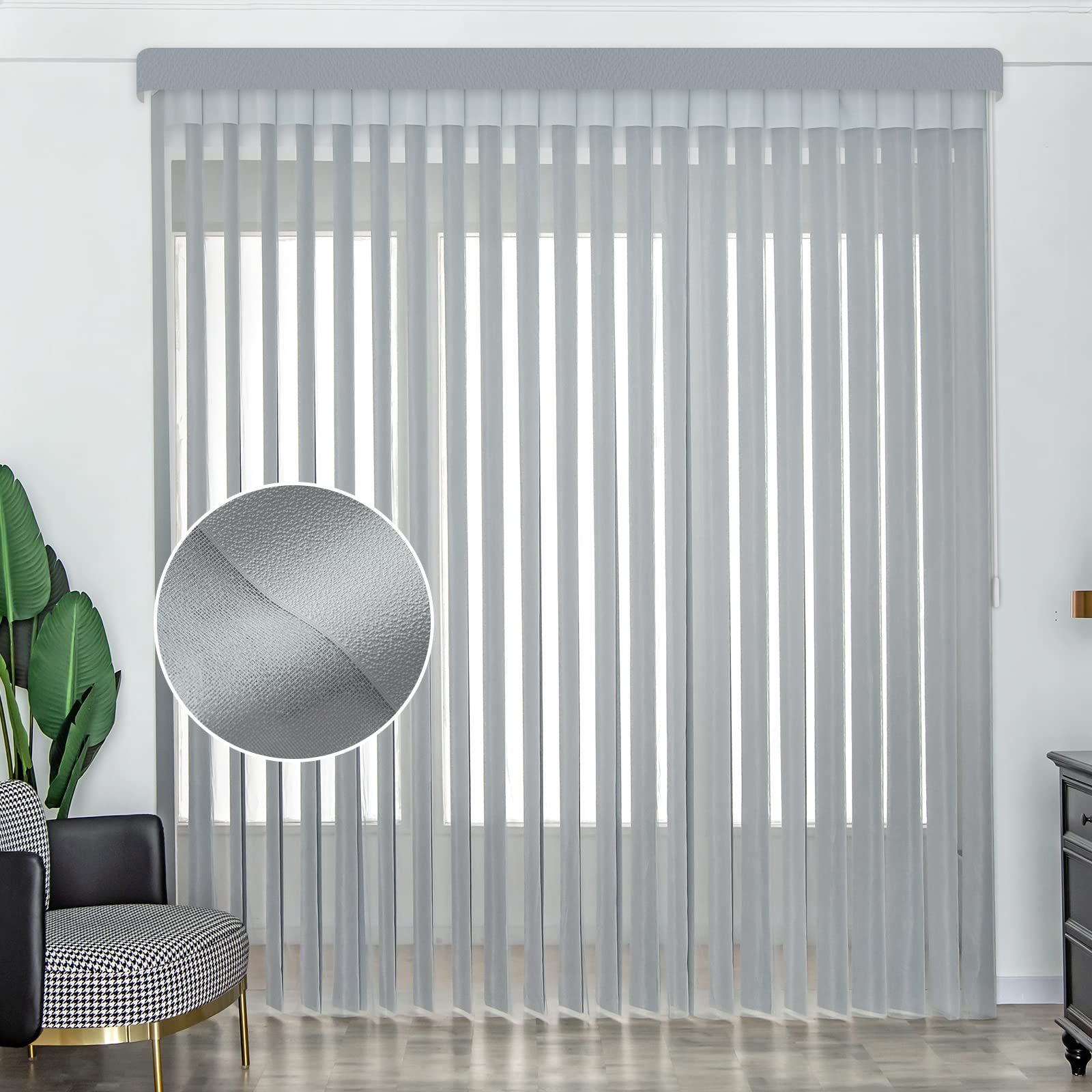 Graywind Manual Sheer Vertical Blinds Custom Size Adjust Light Fabric Sheer Free Wand Control Privacy Light Filtering Track Slats Set for Patio Sliding Glass Door Large Window (Light Grey)