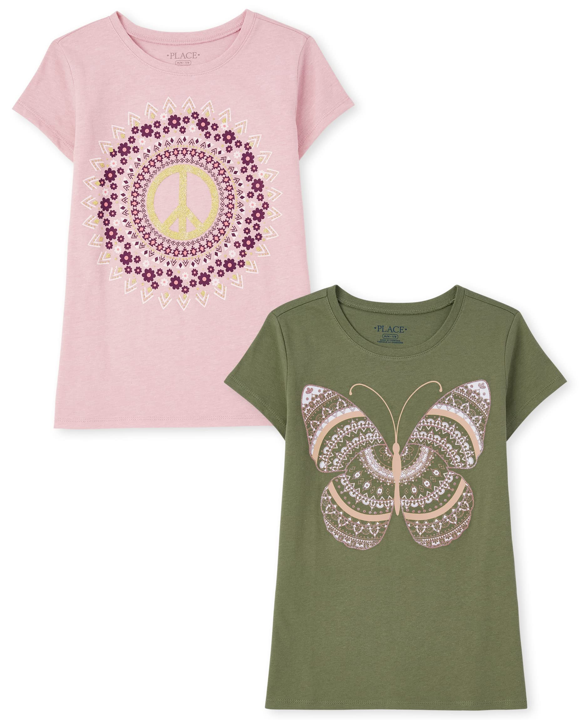 The Children's Place girls Short Sleeve Graphic T-shirt 2-pack T Shirt, Peace Sign/Butterfly, XX-Large US